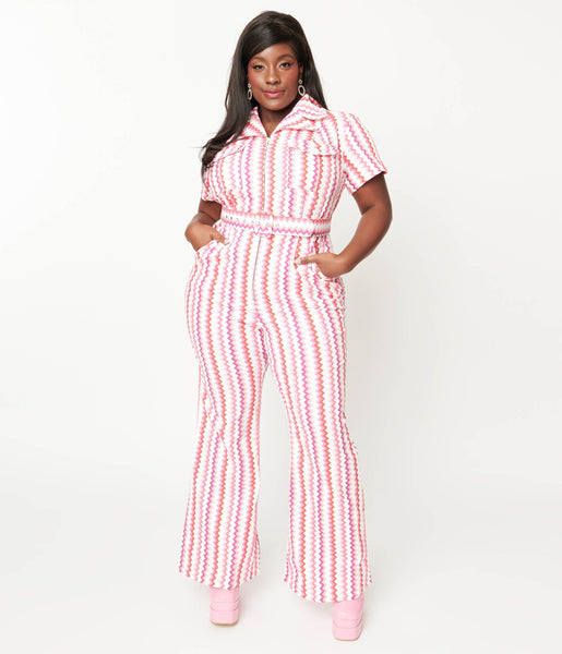 Smak Parlour Plus Size 1970s Valentine Zig Zag Stripe Flare Jumpsuit Unique Vintage