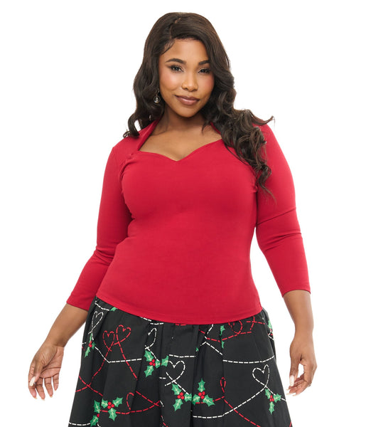 Voodoo Vixen Plus Size 1950s Red Jersey Knit Top Unique Vintage