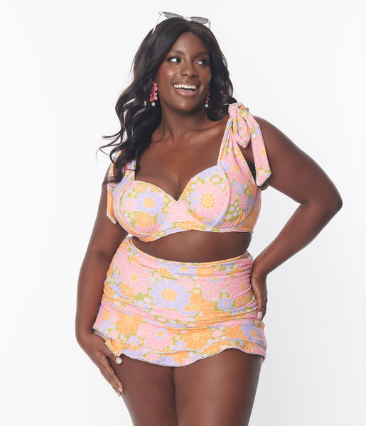 Unique Vintage Plus Size Avocado & Multicolor Daisy Print Totally Tied Unique Vintage Plus Size Avocado & Multicolor Daisy Print Totally Tied