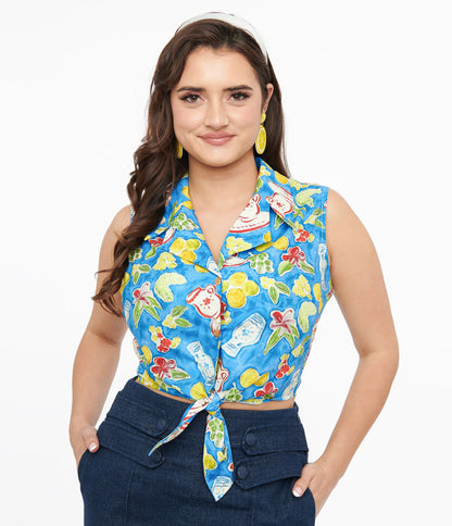 1950s Blue Lemon In My Tea Print Crop Top – Unique Vintage