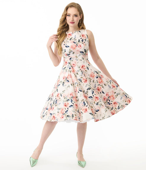 Pink Floral Aurora Cotton Swing Dress – Unique Vintage