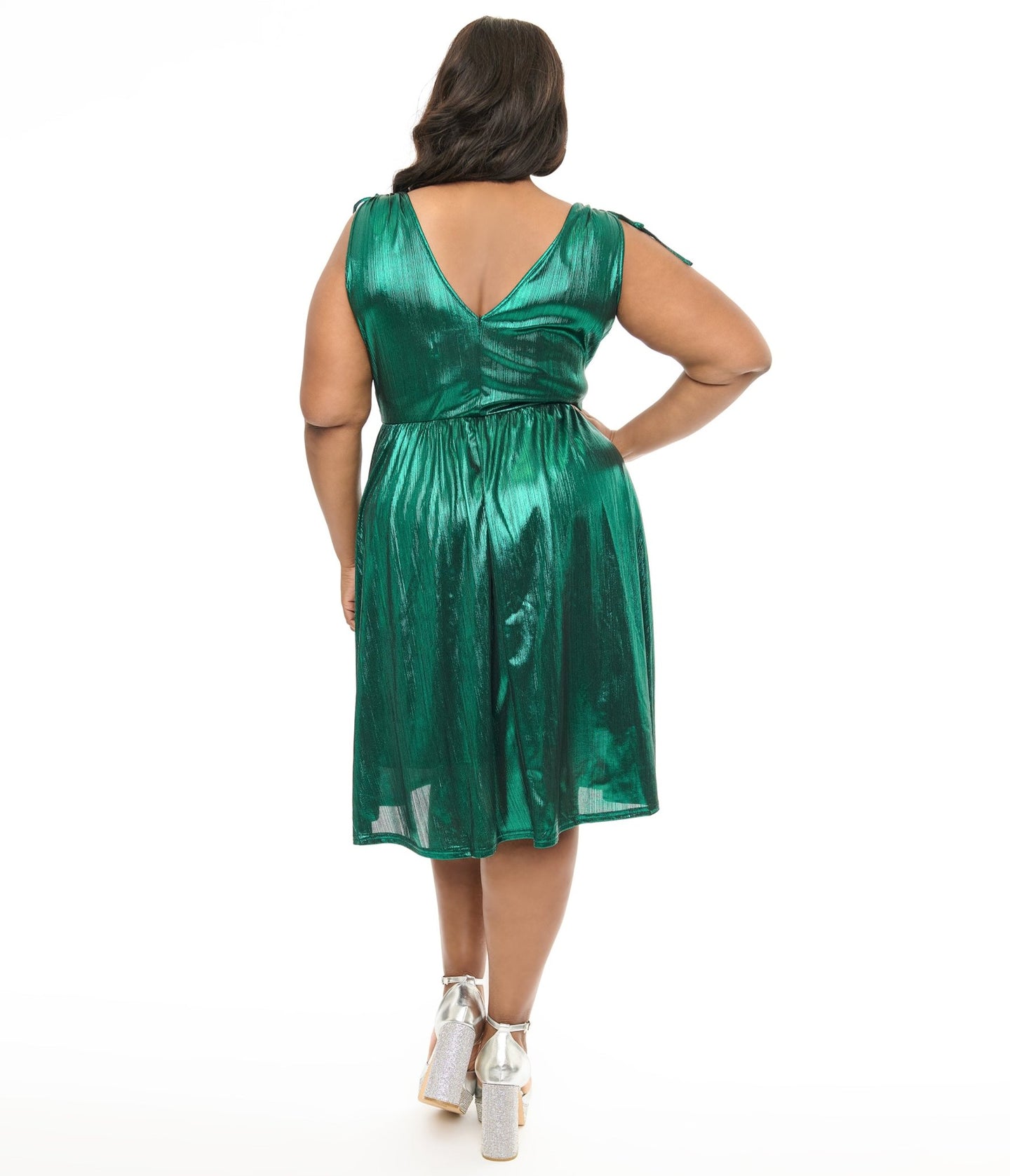 Hell Bunny Plus Size 1970s Green Metallic Gigi Midi Dress Unique Vintage