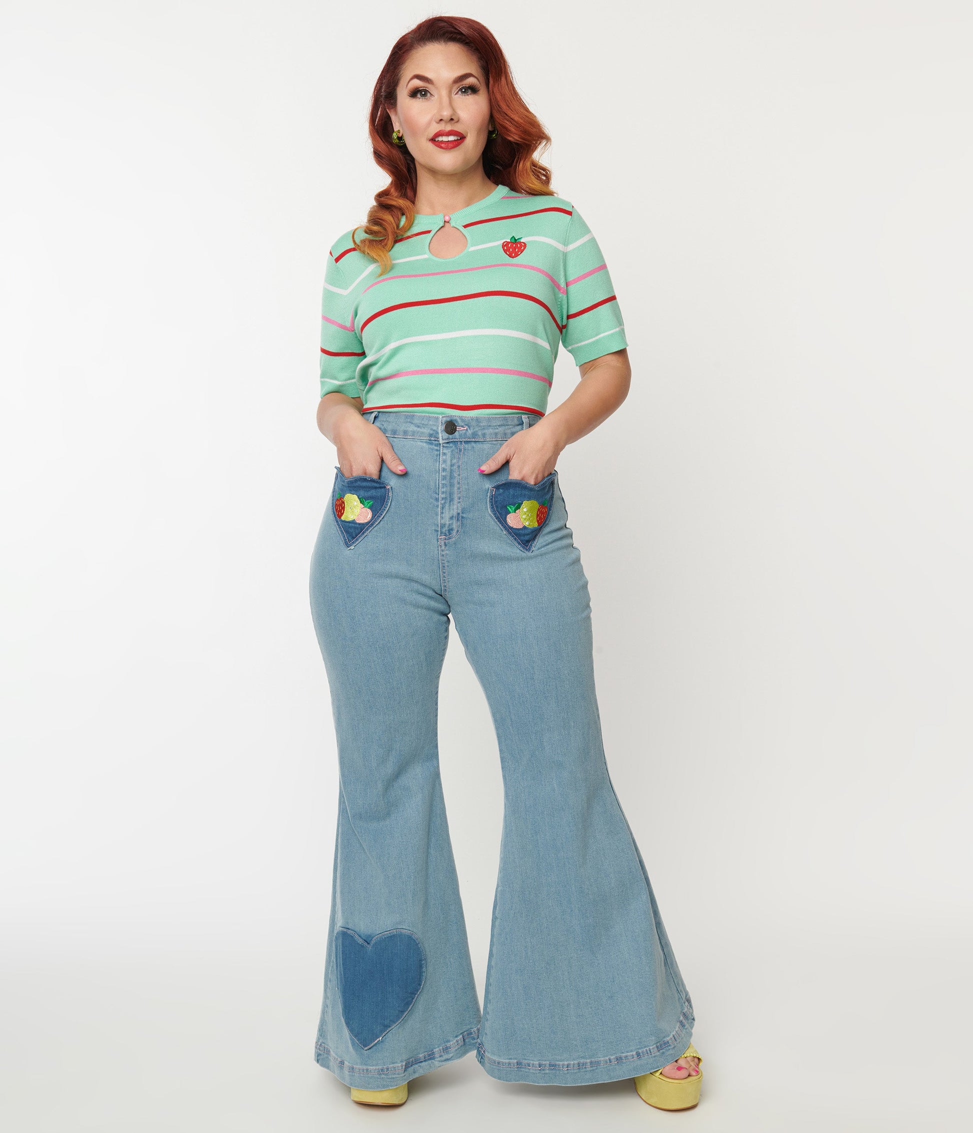 Hell Bunny Plus Size 1970s Light Blue Denim Molly Jeans Unique Vintage