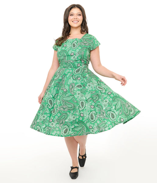 Magnolia Place Plus Size 1950s Green Bandana Print Anna Cotton Swing D ...
