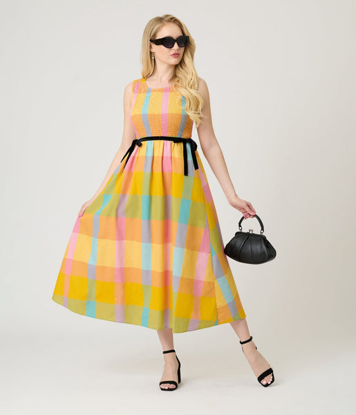 Multicolor Checkered Smocked Midi Dress – Unique Vintage