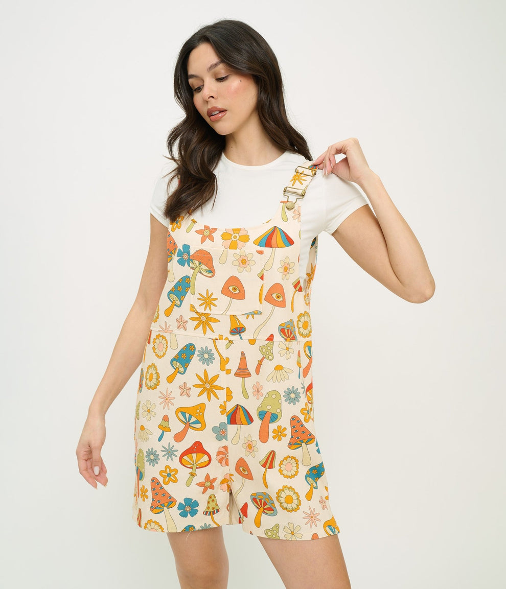 Retro Mushroom & Hippie Daisy Floral Cotton Short Overalls – Unique Vintage