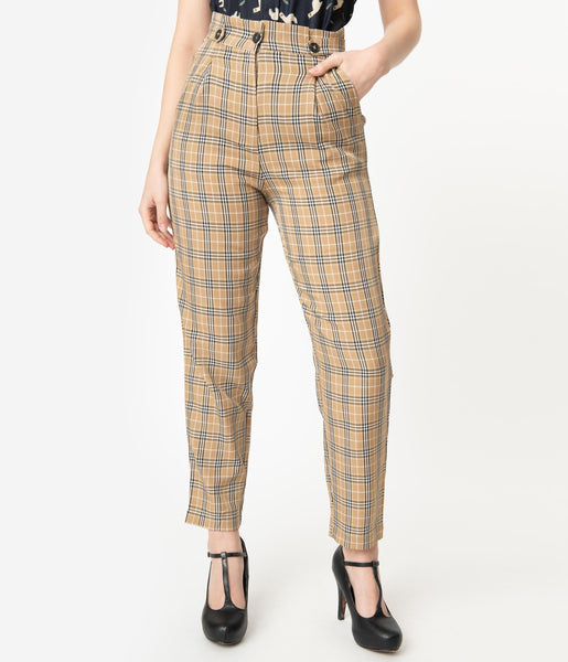 Retro Style Tan & Black Plaid High Waist Pants – Unique Vintage