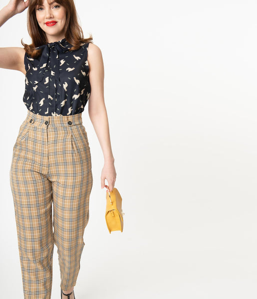 Retro Style Tan & Black Plaid High Waist Pants – Unique Vintage