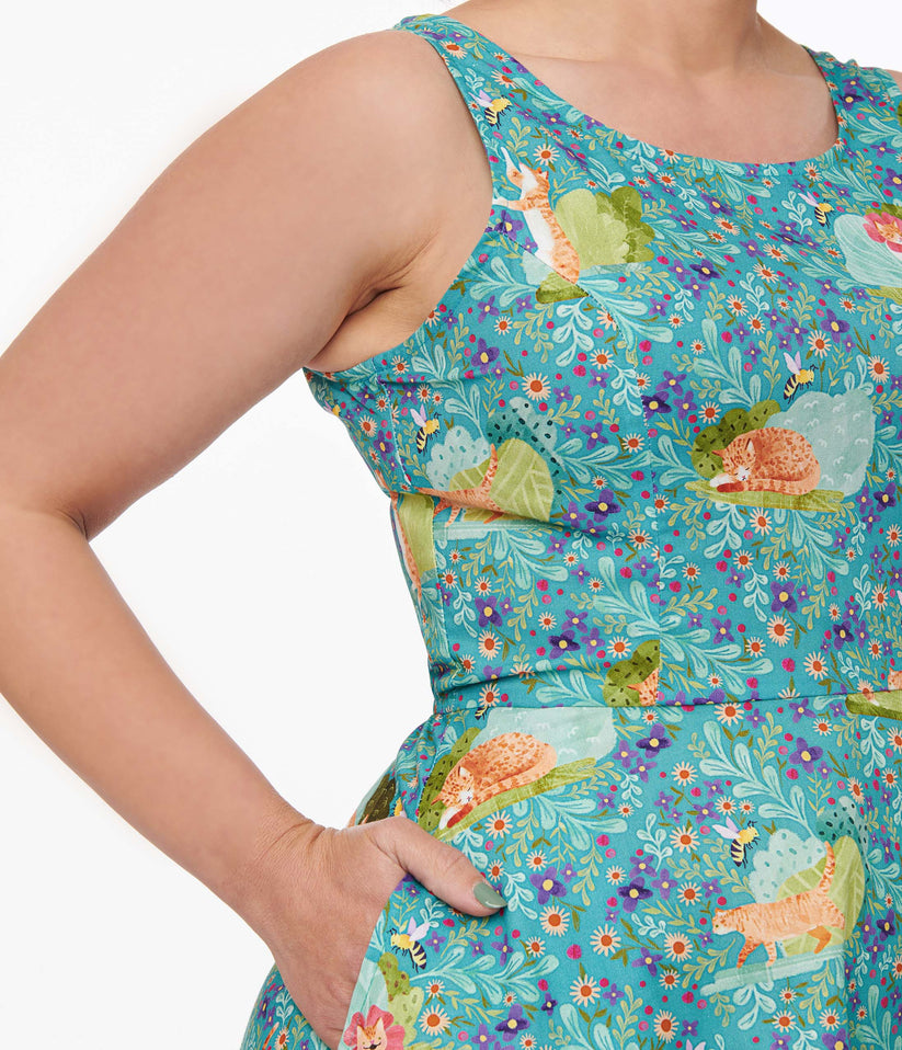 Retrolicious 1950s Blue Cat Leaf Print Cotton Skater Dress – Unique Vintage