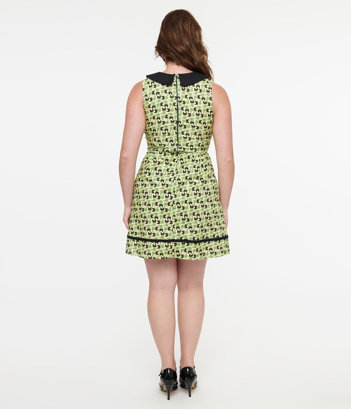 Retrolicious 1950s Green & Black Mod Cat Print Collared Fit & Flare Dr ...