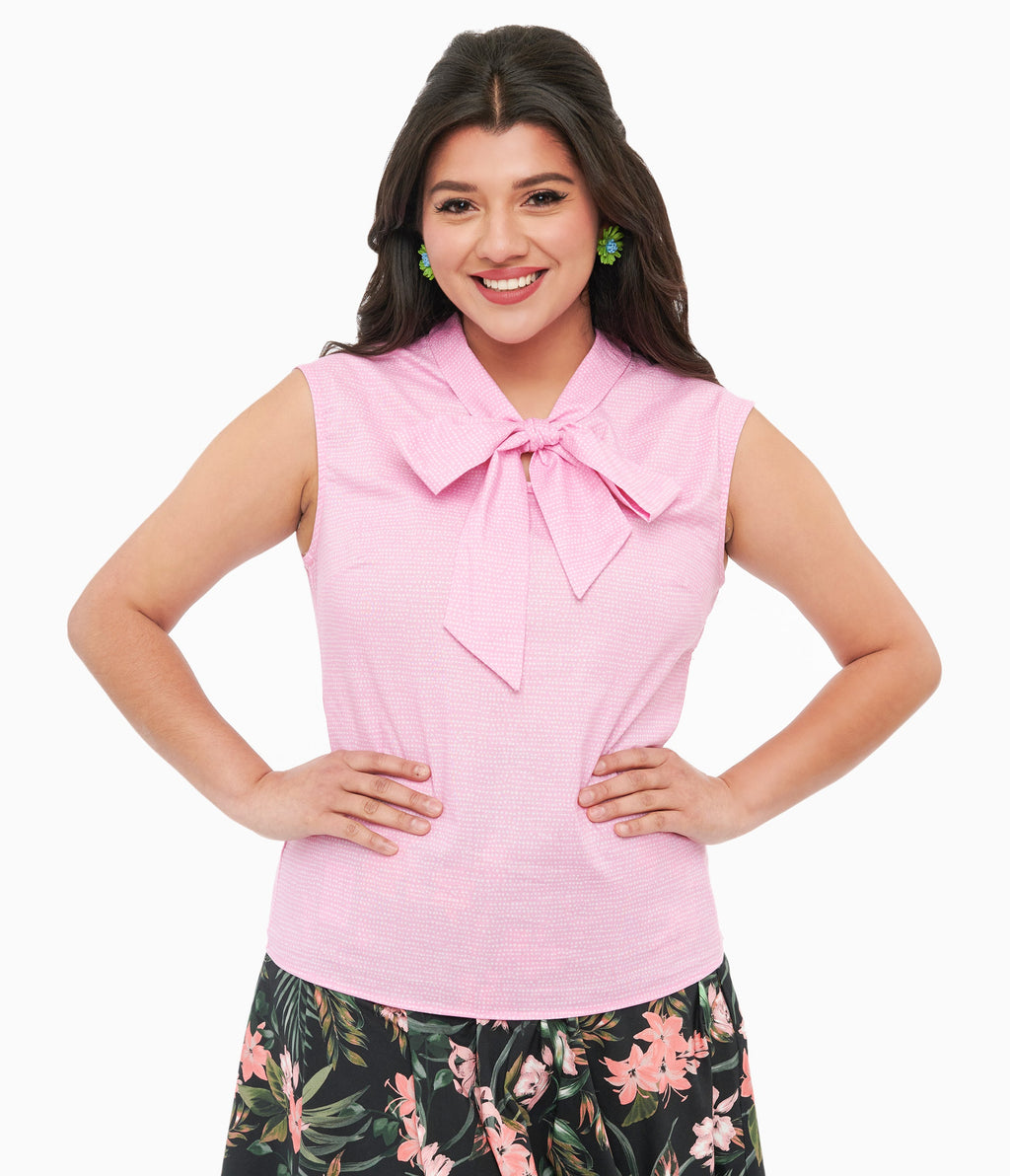 Retrolicious 1950s Pink & White Polka Dot Cotton Bow Top – Unique Vintage