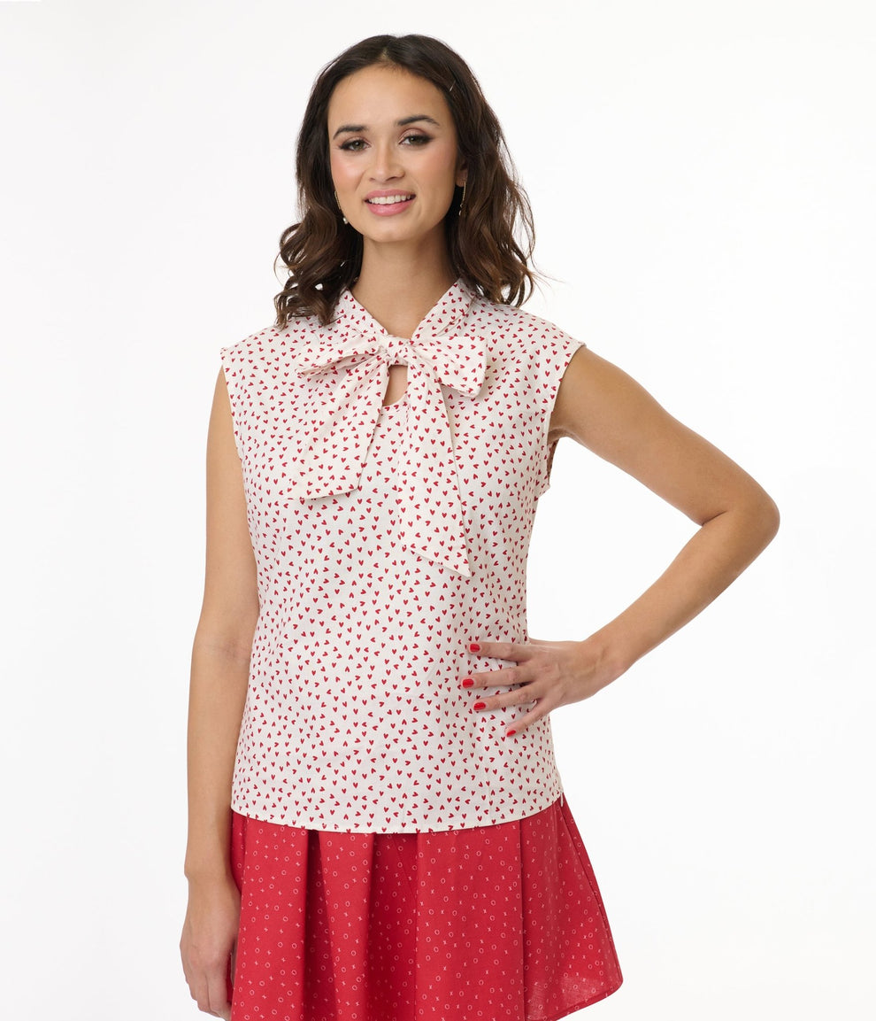 Retrolicious 1950s White & Red Heart Cotton Bow Top – Unique Vintage
