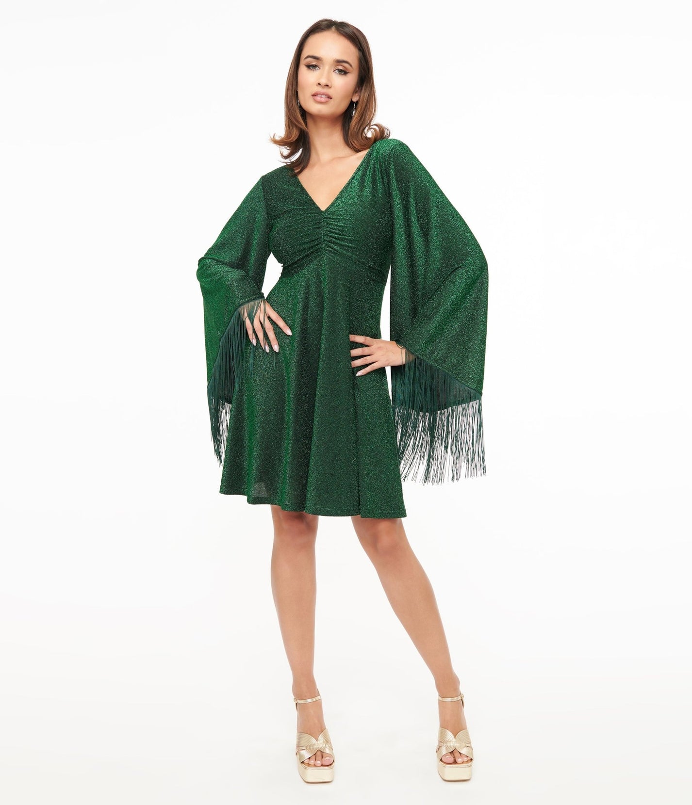 Smak Parlour 1970s Green Sparkle & Fringe Bell Sleeve Fit & Flare Dres ...