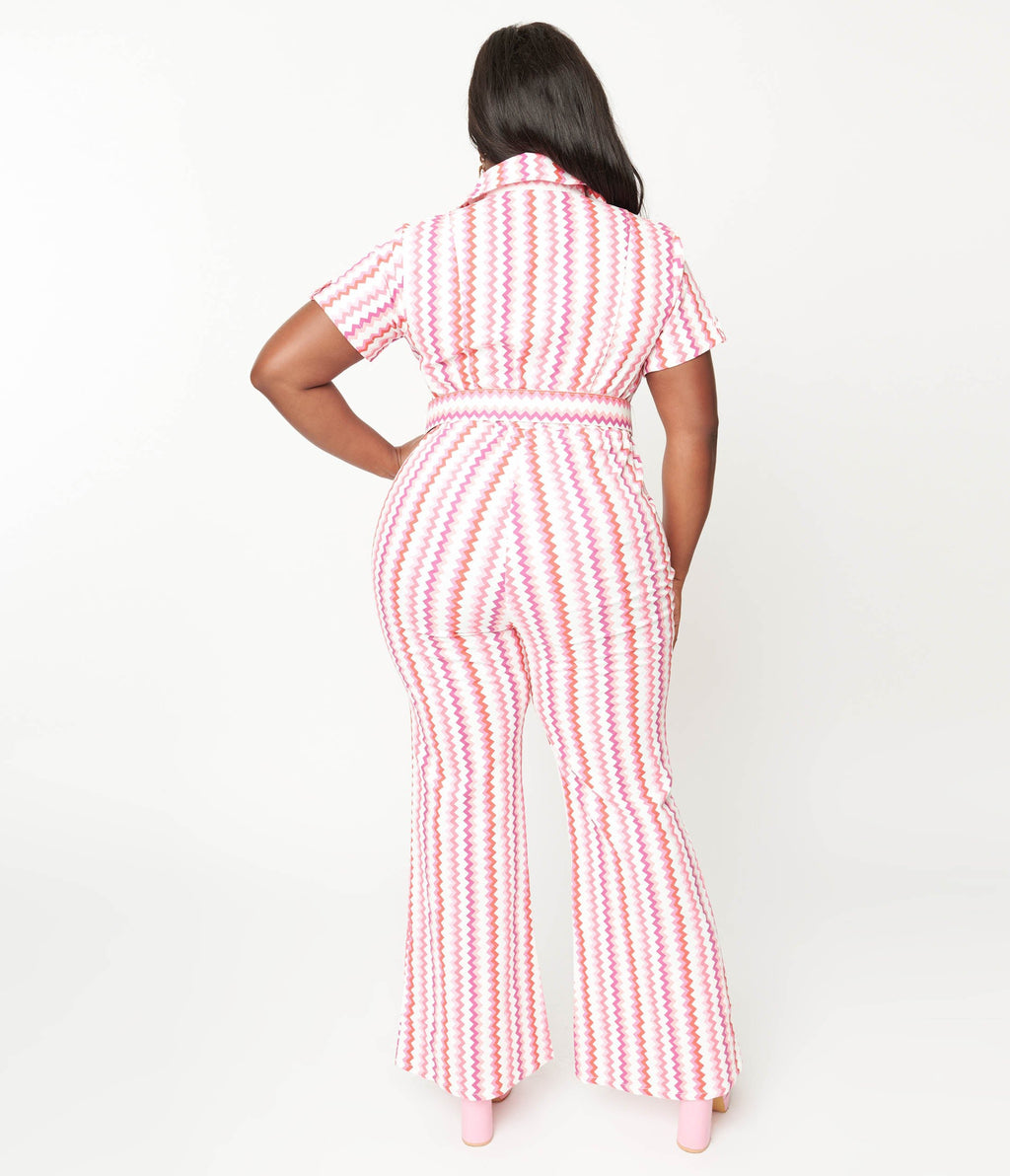 Smak Parlour Plus Size 1970s Valentine Zig Zag Stripe Flare Jumpsuit Unique Vintage