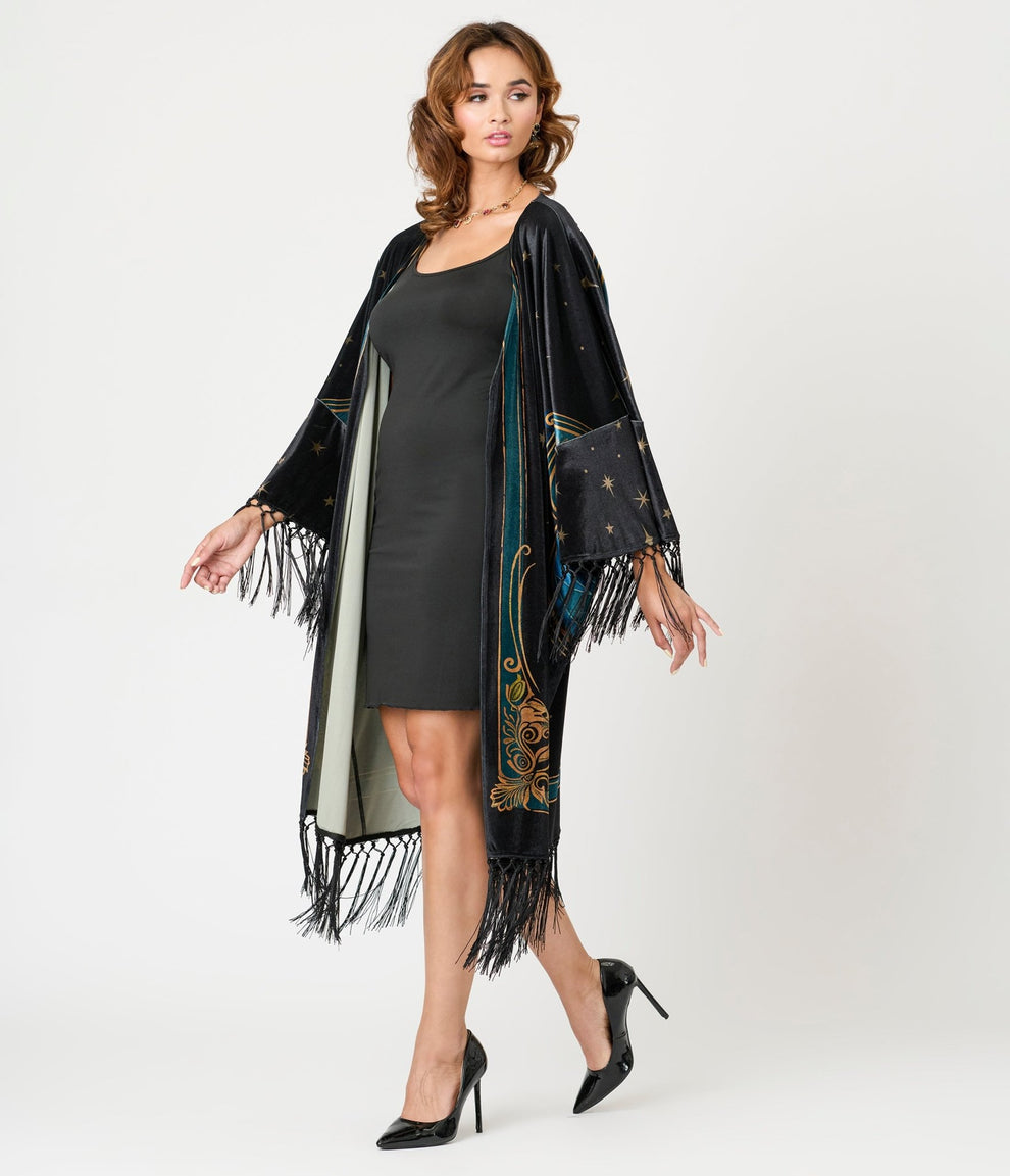 Unique Vintage Black Art Nouveau Fringe Kimono