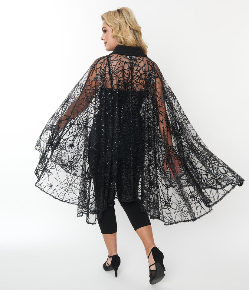 Retro & Vintage Unique Vintage Black Glitter Spiderweb Mesh Cape ...