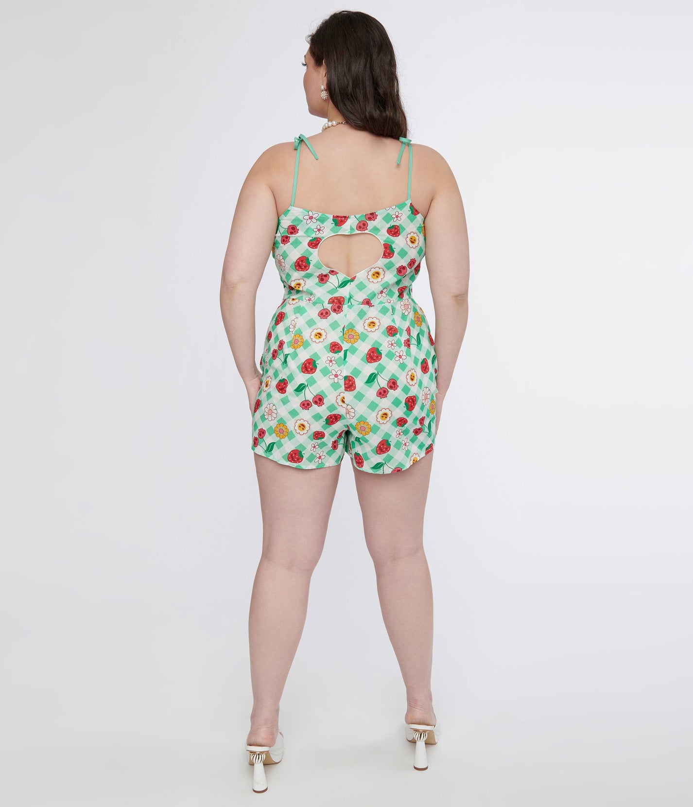 Unique Vintage Plus Size 1950s Green Gingham Spooky Fruit Print Romper