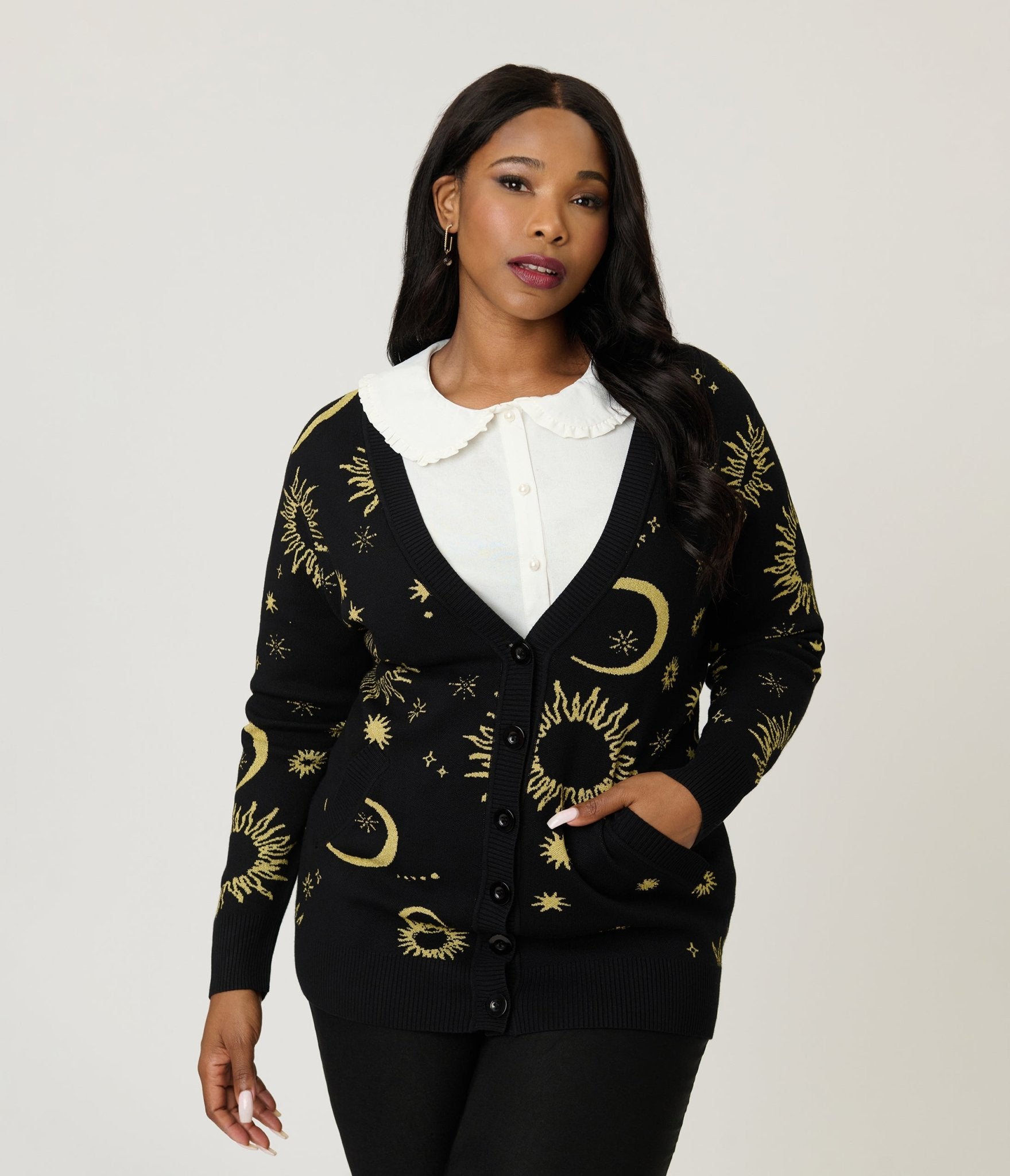 Unique Vintage Plus Size Black & Gold Celestial Button Cardigan