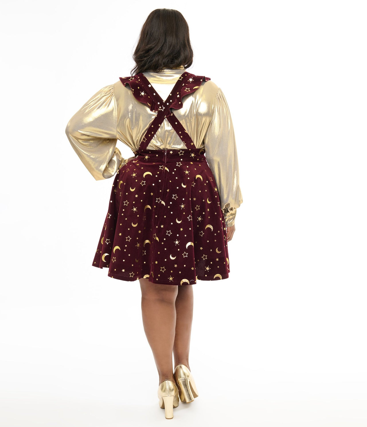 Unique Vintage Plus Size Burgundy & Gold Moon & Star Corduroy Ruffle P