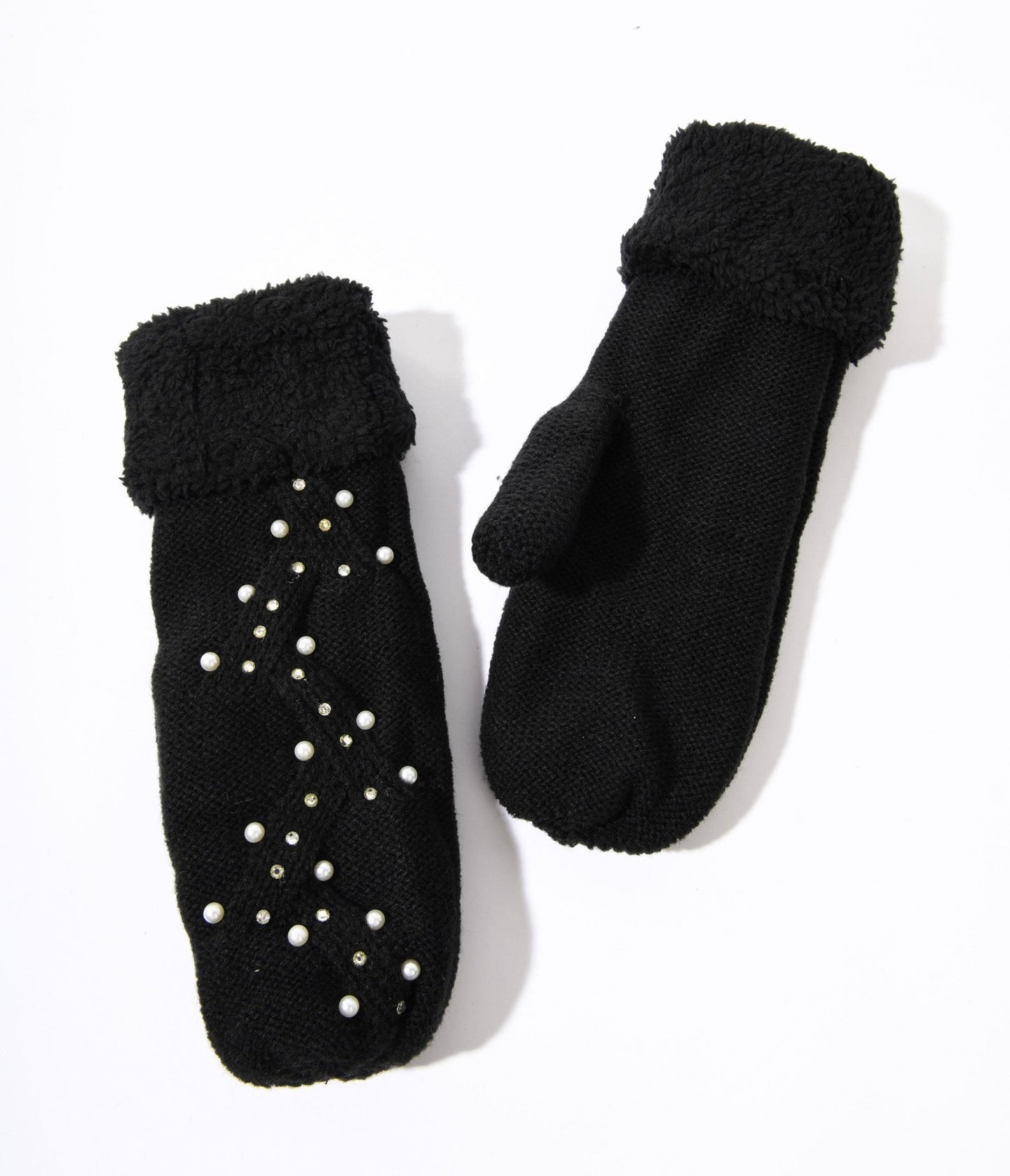 Black Knit Pearl & Rhinestone Mittens – Unique Vintage