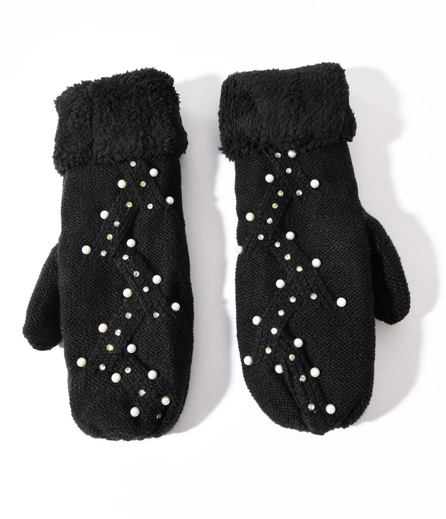 Black Knit Pearl & Rhinestone Mittens – Unique Vintage