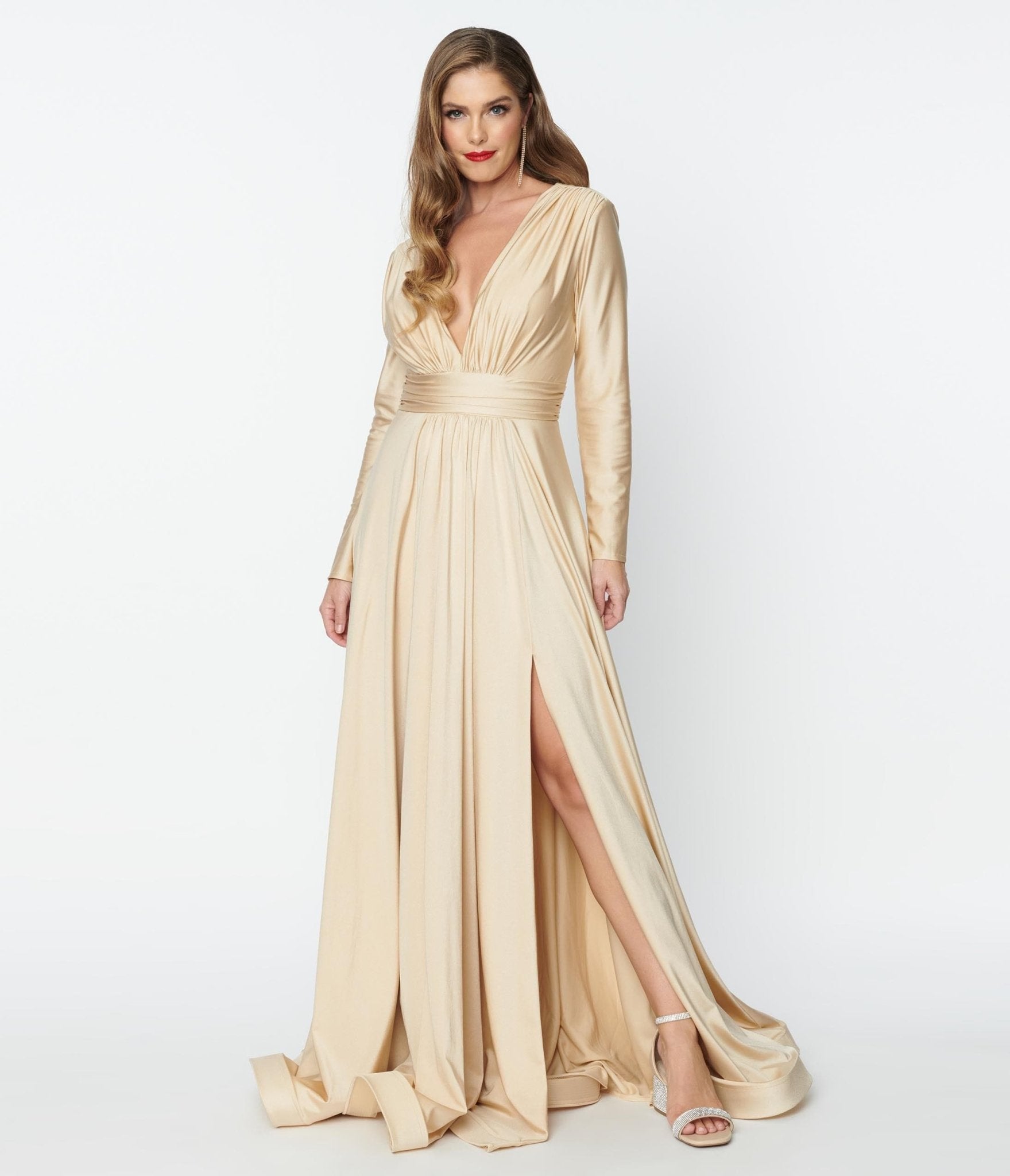 Champagne Long Sleeve Sophisticated Goddess Gown – Unique Vintage