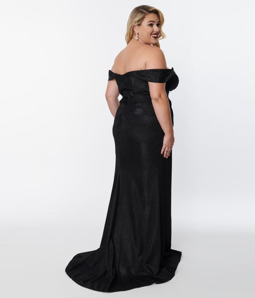 Plus Size Elegant Black Shimmer Off The Shoulder Dress – Unique Vintage