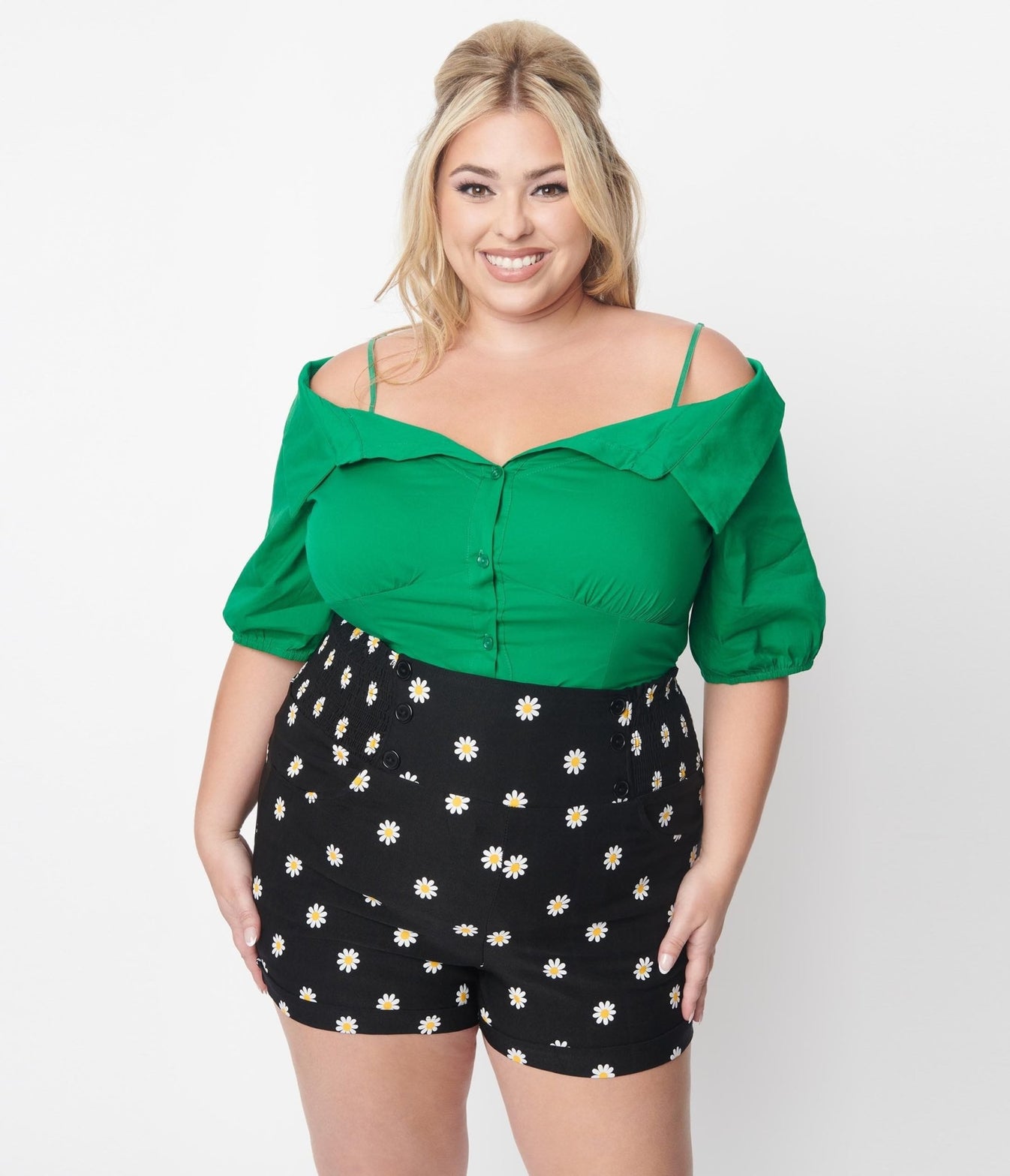 Retro & Vintage Plus Size Kelly Green Off The Shoulder Collared Top ...