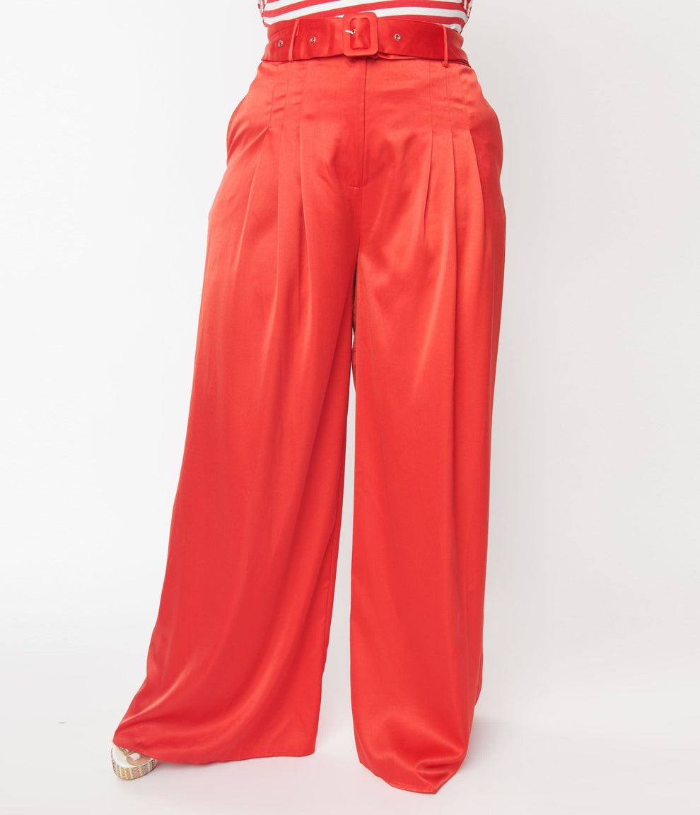 Retro And Vintage Plus Size Red Satin Belted Wide Leg Pants Unique Vintage