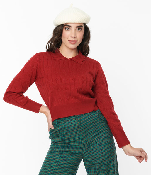 Red Textured Collared Knit Sweater – Unique Vintage