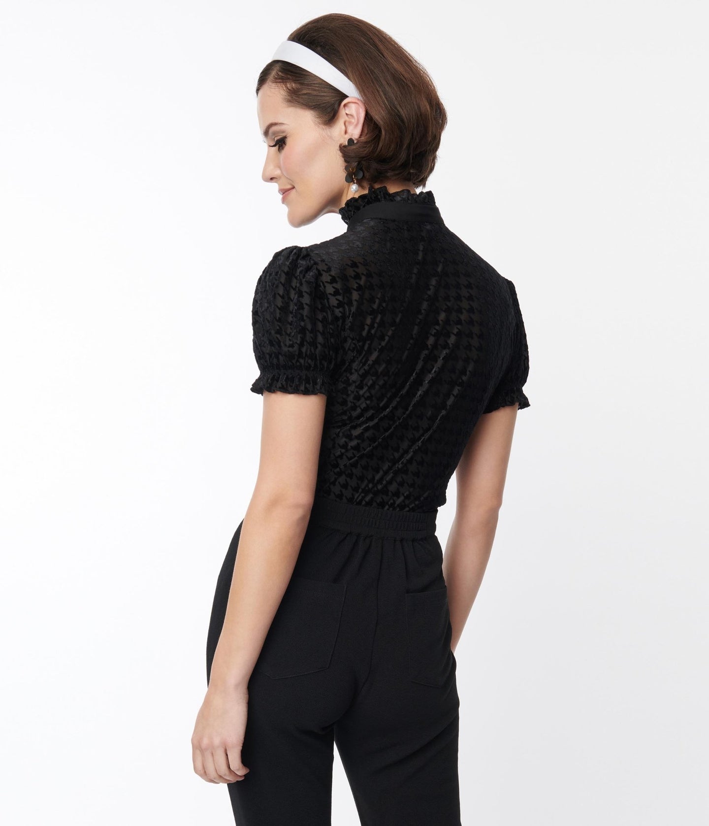 Smak Parlour 1960s Black Herringbone Burnout Ruffle Neck Blouse ...