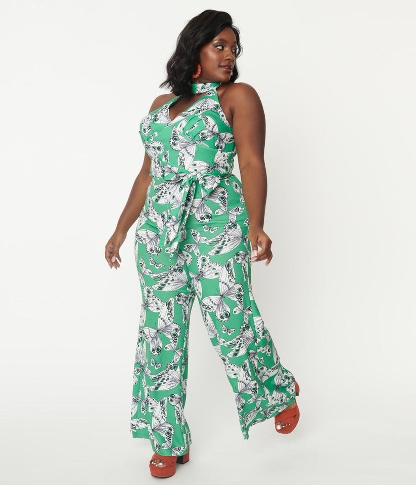 Smak Parlour Plus Size Green Butterfly Print Glamour Goddess Jumpsuit Unique Vintage