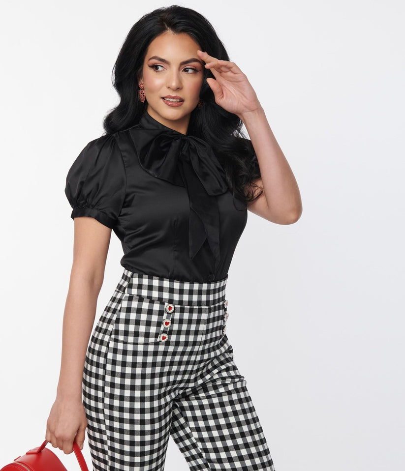 Voodoo Vixen Black Bold Bow Satin Blouse – Unique Vintage