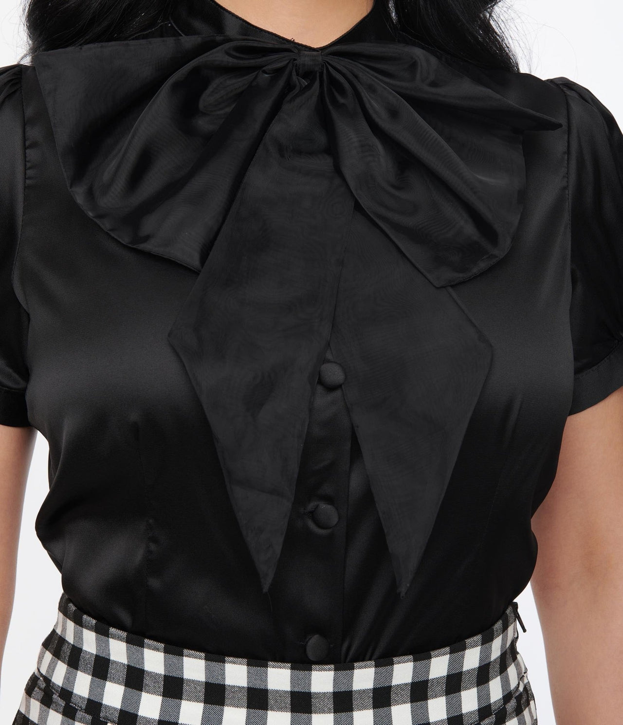 Voodoo Vixen Black Bold Bow Satin Blouse – Unique Vintage