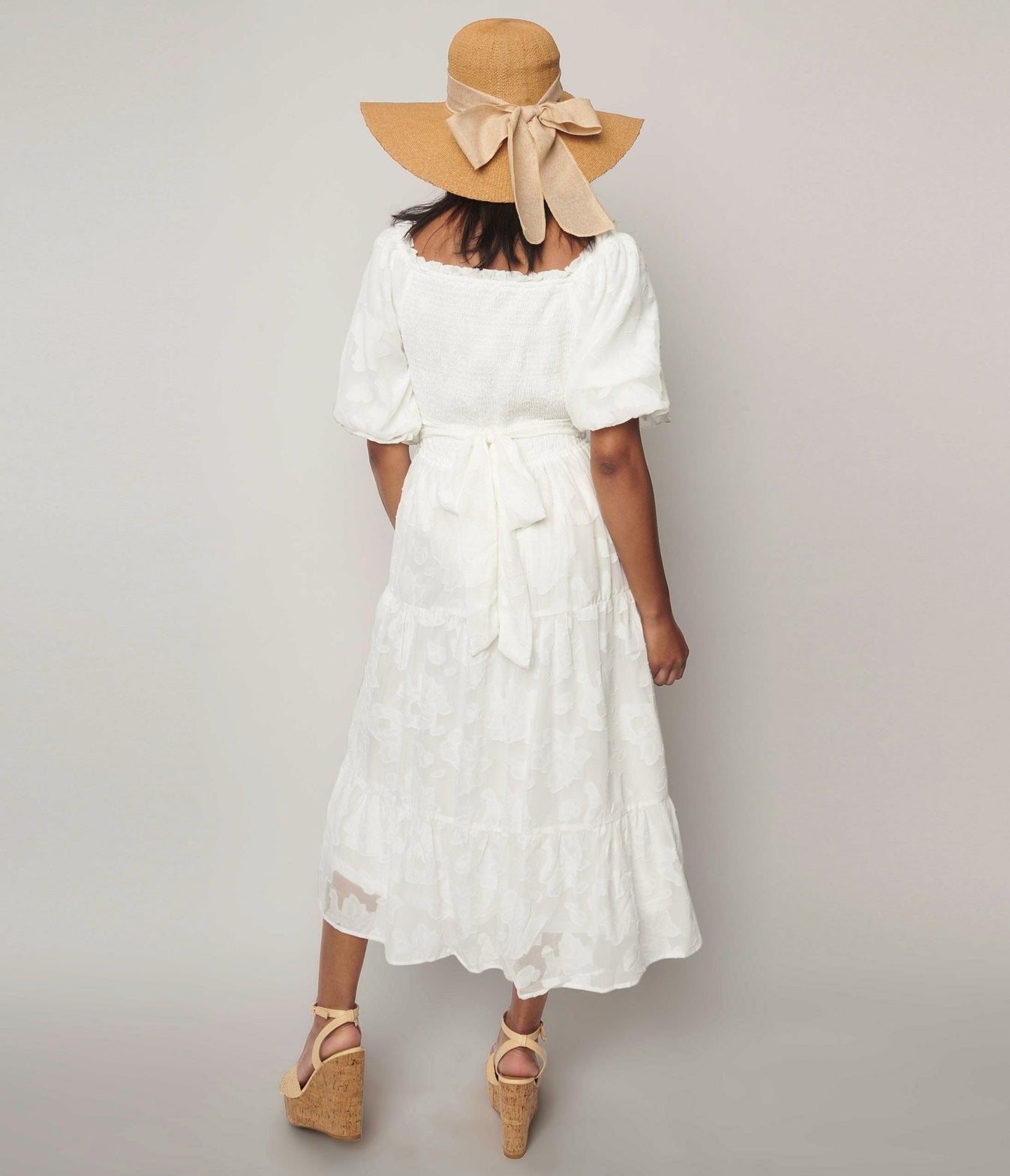 Retro & Vintage White Burnout Floral Smocked Midi Dress | Unique Vintage