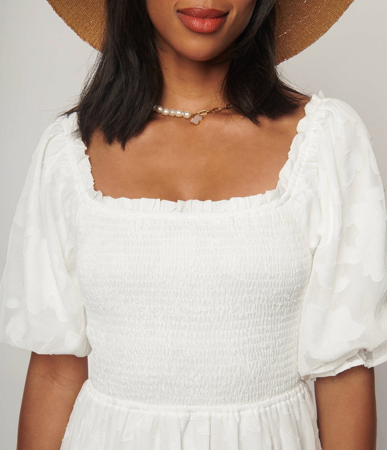 Retro & Vintage White Burnout Floral Smocked Midi Dress | Unique Vintage